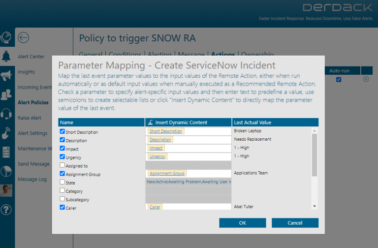 Derdack | Creating incidents in ServiceNow